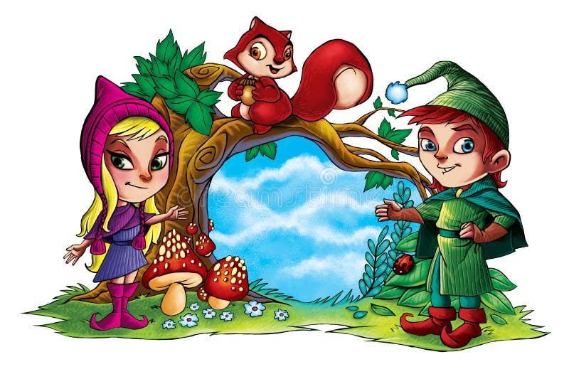 Two Cute Little Forest Elves with Squirrel Stock Illustration ...