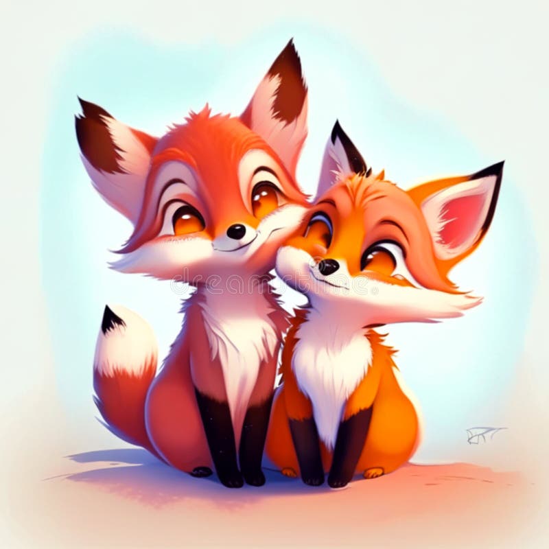 Two Little Foxes on Black Background. Cute Cartoon Animals Stock ...