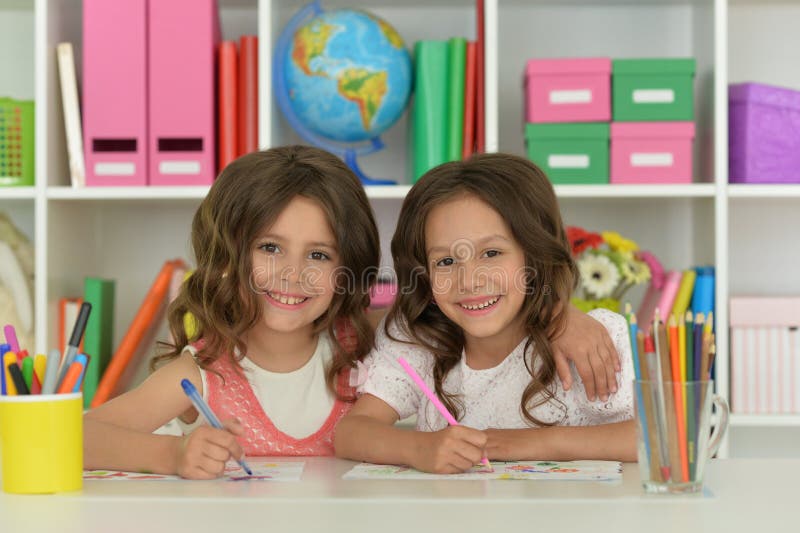 Two Cute Little Girls Drawing with Pencils Stock Photo - Image of ...