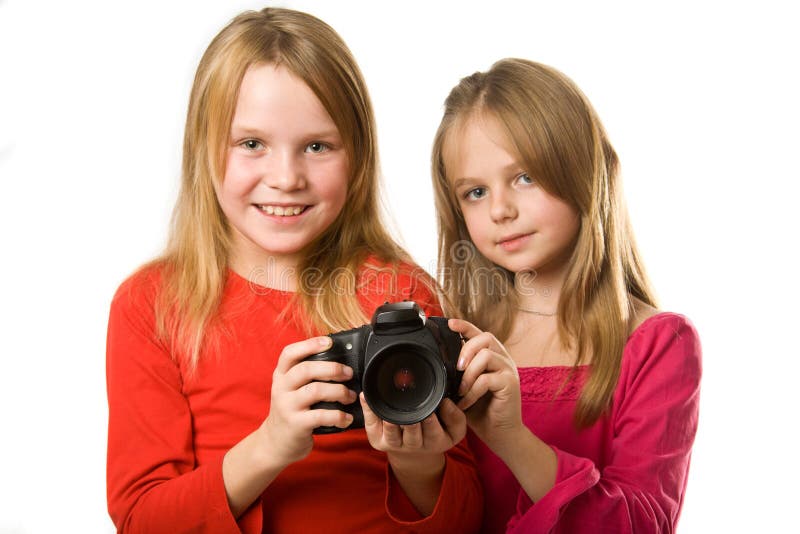 Two Cute Little Girls with Photo Camera Stock Image - Image of isolated ...