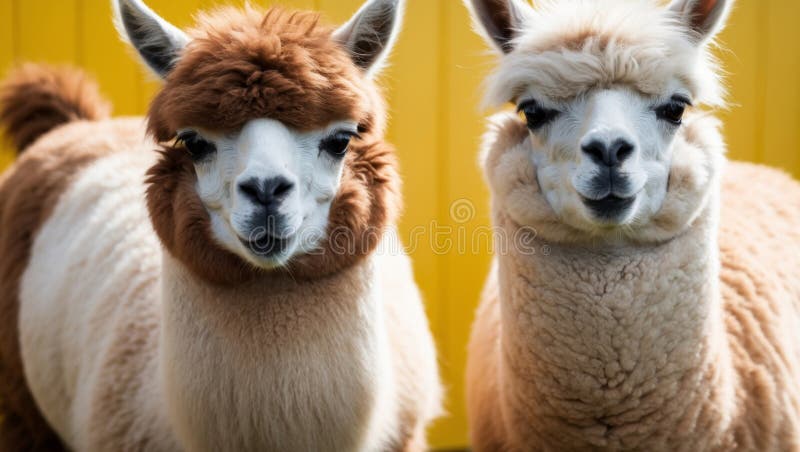 Two Cute Llamas with Brown and White Coats on a Yellow Background ...