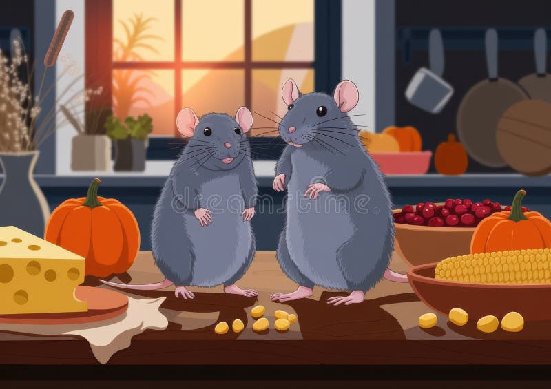 Two Cute Mice in Cozy Kitchen with Autumn Decor and Harvest Vegetables ...