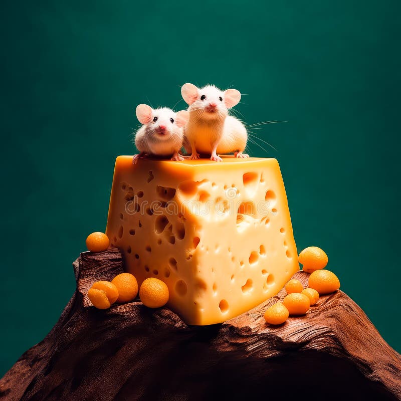 Two Cute Mice Sit on a Big Piece of Cheese on the Table Stock ...