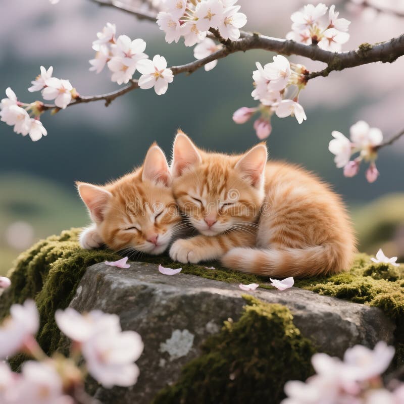 Two Cute Orange Tabby Kittens Sleeping Peacefully Under Cherry Blossom ...
