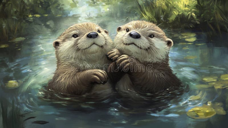Two Cute Otters Cuddling in a Forest Pond Stock Illustration ...