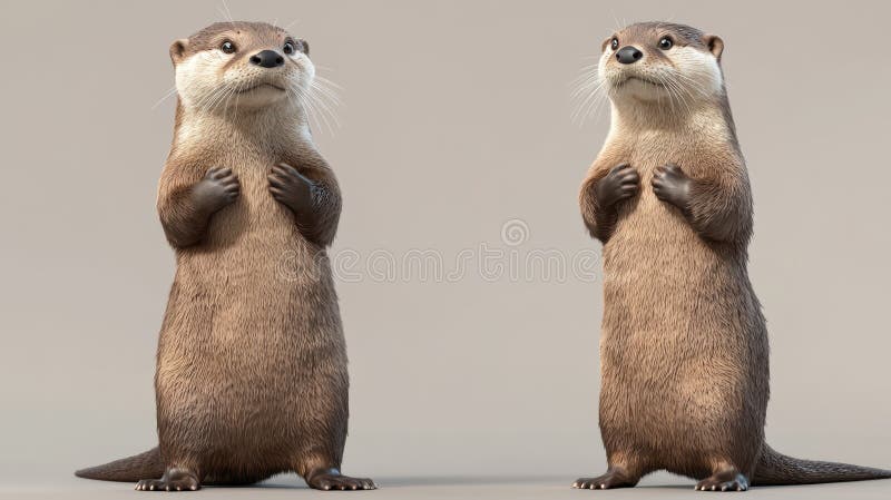Two Cute Otters Standing Upright with Curious Expressions Stock ...