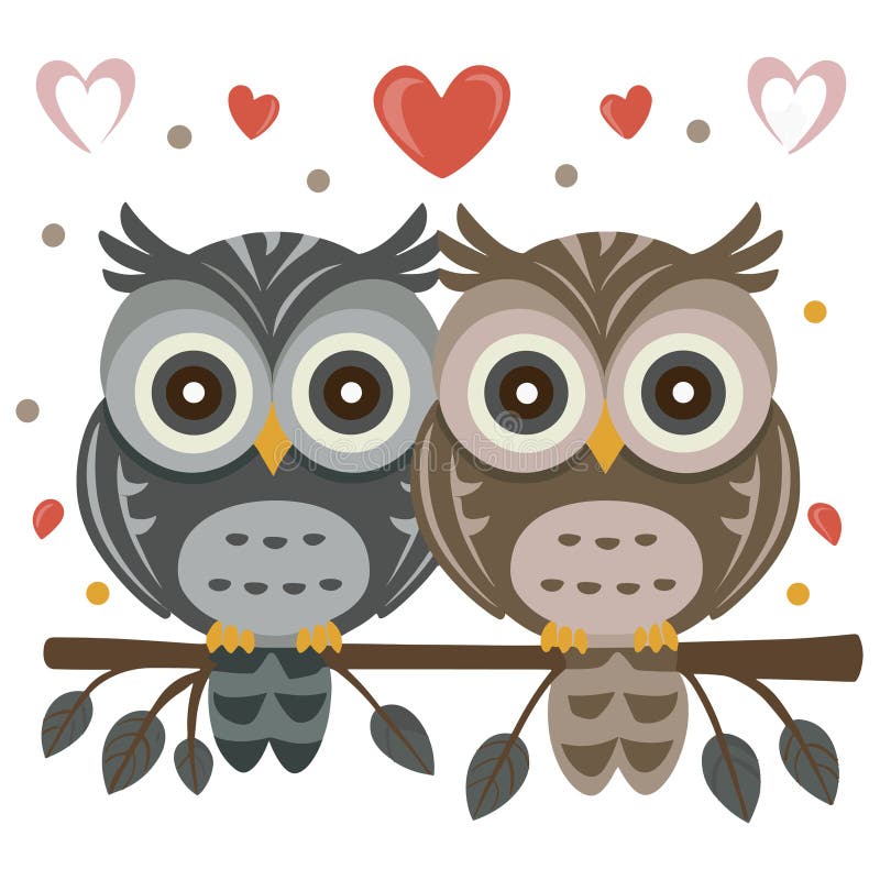 Two Cute Owls in Love on a Branch Stock Illustration - Illustration of ...