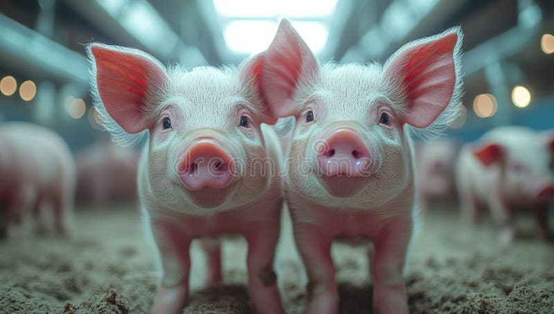 Two Cute Piglets Looking at the Camera with Curious Eyes, Standing in a ...
