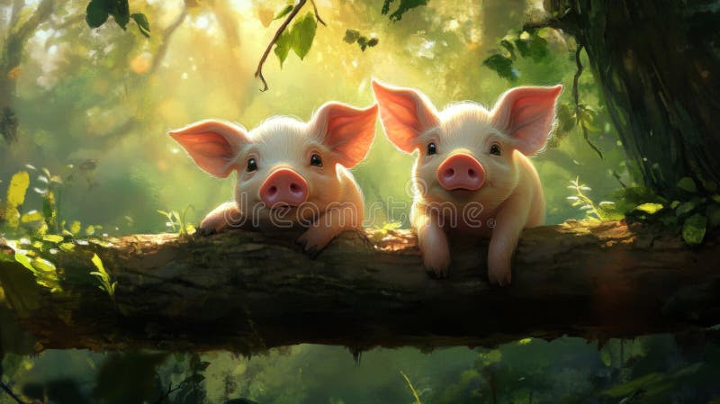 Two Cute Piglets Resting on a Tree Branch in a Sunny Forest Stock ...