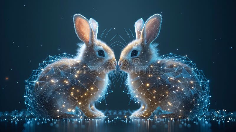 Two Cute Polygonal Rabbit Figure Composed of Sparkling Points and Lines ...