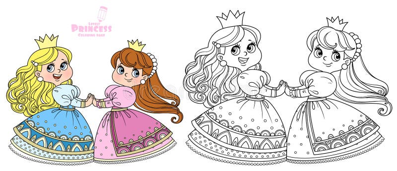 Two Princesses Dancing Holding Hands Outlined and Color for Coloring ...