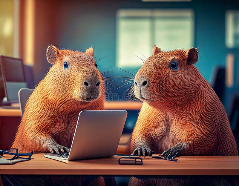 Two Cute Professional Capybara Working Together at Work Desk with ...