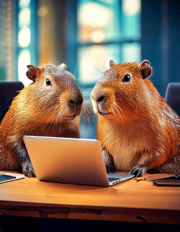 Two Cute Professional Capybara Working Together at Work Desk with ...