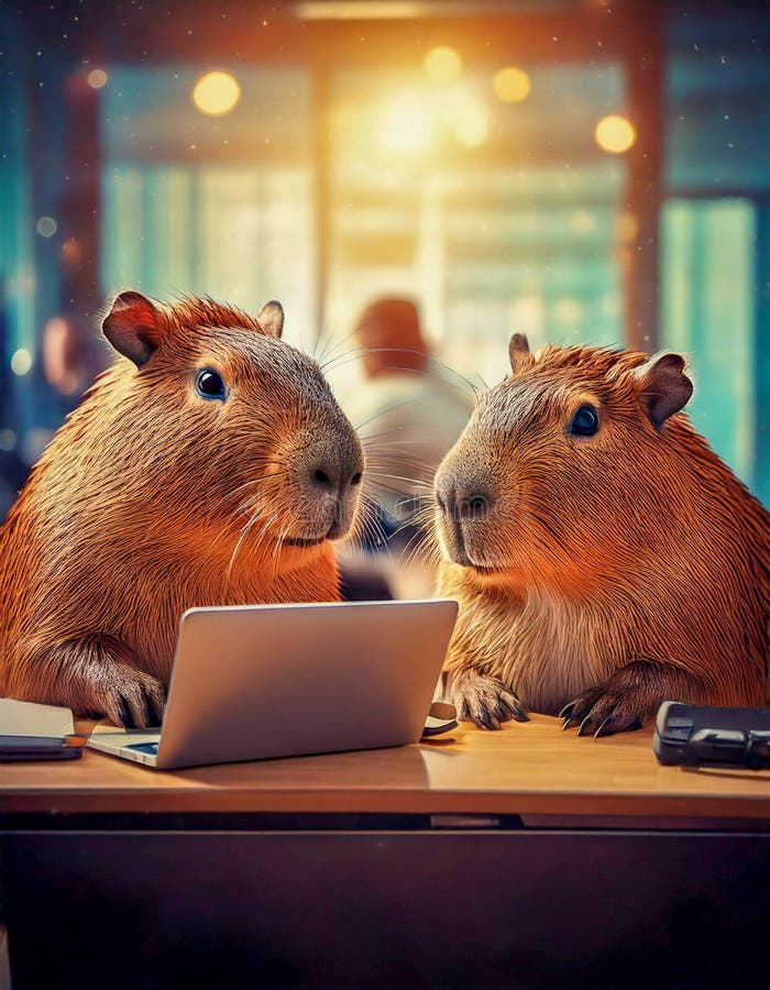 Two Cute Professional Capybara Working Together at Work Desk with Laptop Computers Stock Image ...