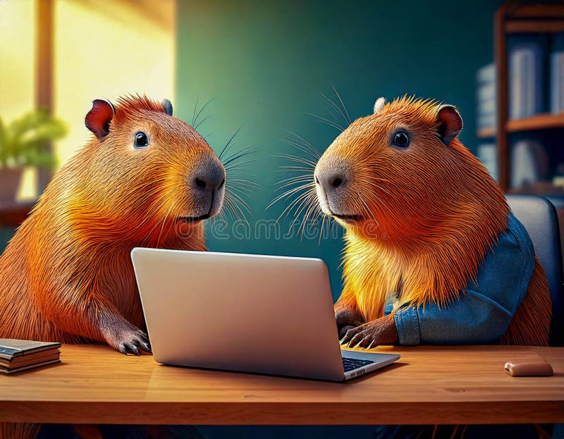 Two Cute Professional Capybara Working Together at Work Desk with ...