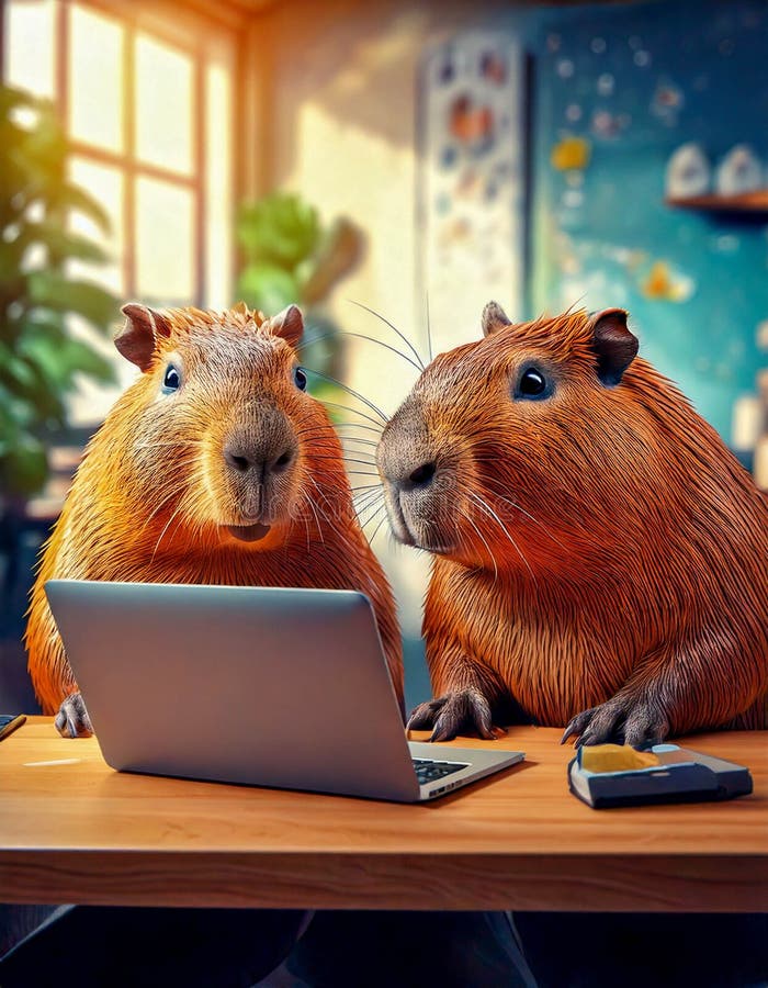 Two Cute Professional Capybara Working Together at Work Desk with ...