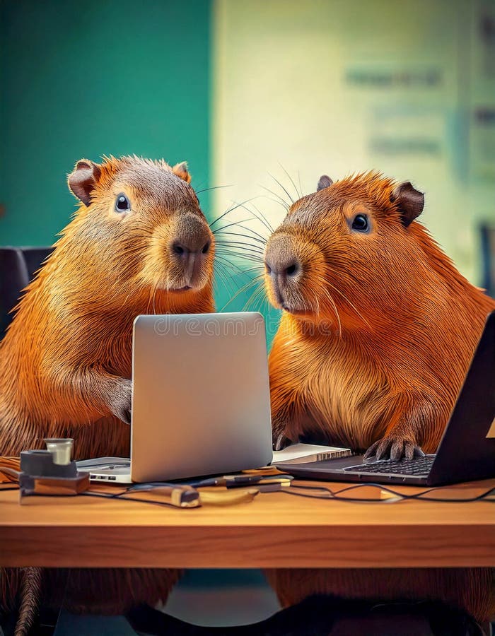 Two Cute Professional Capybara Working Together at Work Desk with ...