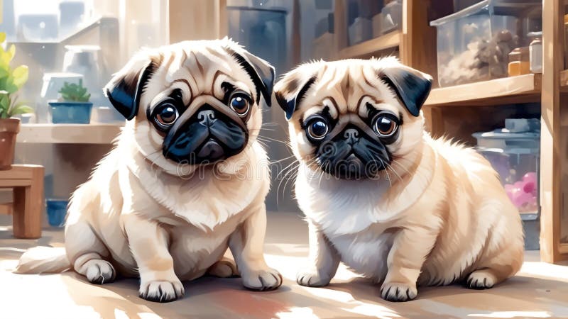 Two Cute Pug Puppies Lie in an Art Workshop. AI Generated. Stock Image ...