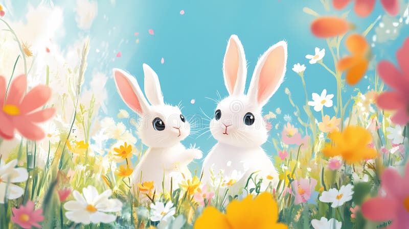 Two Cute Rabbits in a Colorful Flower Meadow Under a Bright Blue Sky ...