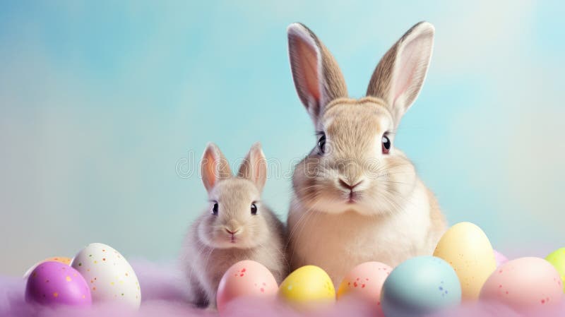 Two Cute Rabbits with Colorful Easter Eggs on Blue Background Stock ...