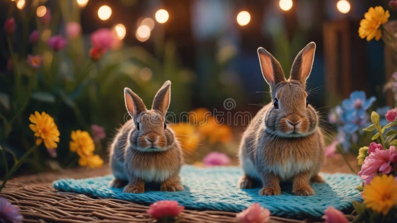 Adorable Brown Rabbits in Springtime Garden with Fairy Lights Stock ...