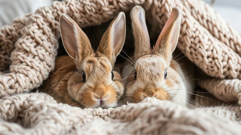 Two Cute Rabbits Sitting in a Soft Blanket Stock Image - Image of ...
