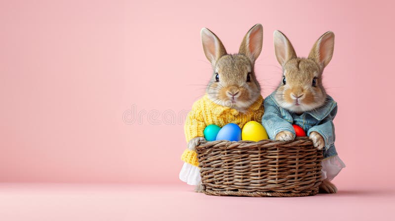 Two Cute Rabbits Standing in Front of a Basket with Easter Egg, Easter ...