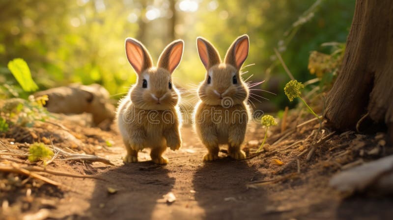 Two Cute Rabbits Standing in the Woods, AI Stock Photo - Image of ...