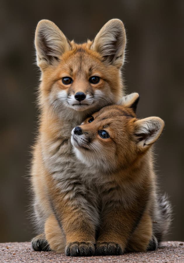 Two Cute Red Fox Kits Huddle Together Outdoors Stock Illustration ...