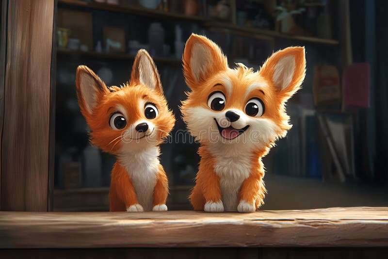 Two Cute, Red-haired, Cartoon Fox Cubs. Stock Illustration ...