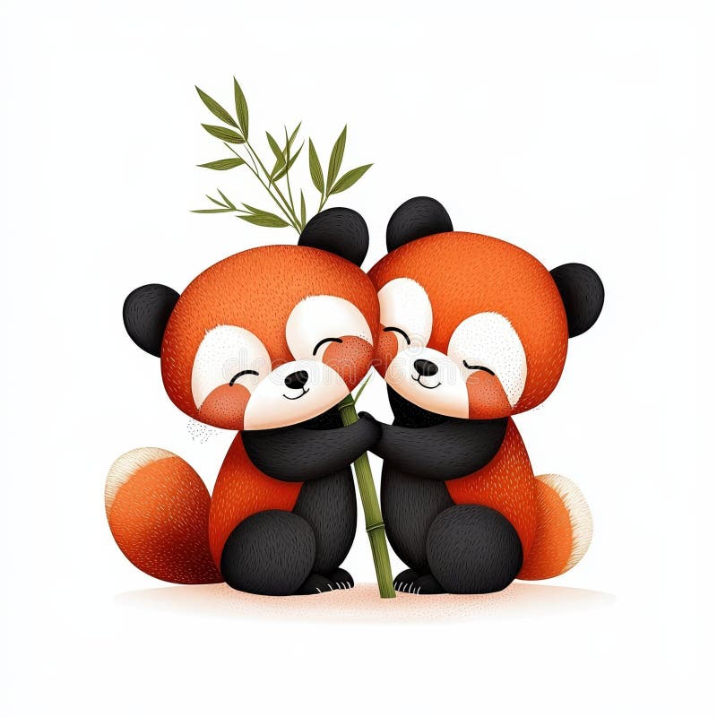 Two Cute Red Pandas Hugging with Bamboo Stock Illustration ...