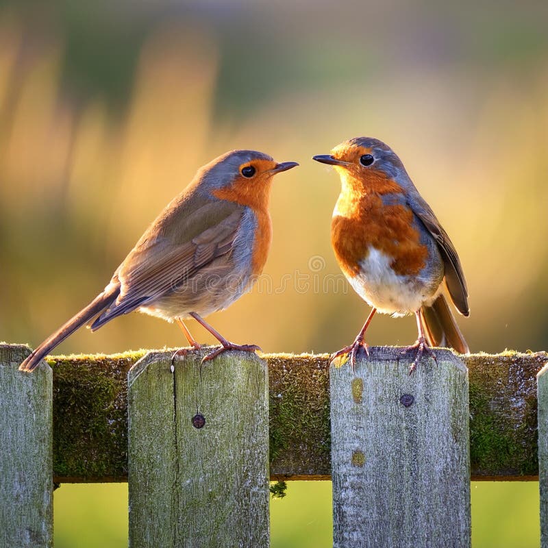 Two robins, AI generated stock illustration. Illustration of fence ...