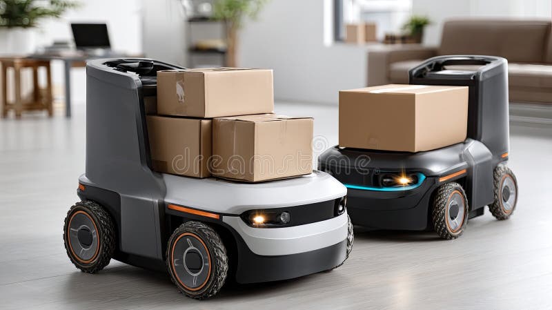 Two Cute Robotic Delivery Vehicles on Wheels Carry Cardboard Boxes in a ...