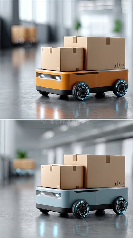 Two Cute Robotic Delivery Vehicles on Wheels Carry Cardboard Boxes in a ...