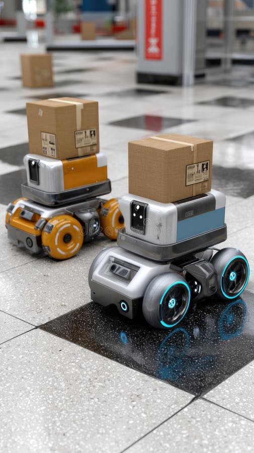 Two Cute Robotic Delivery Vehicles on Wheels Carry Cardboard Boxes in a ...