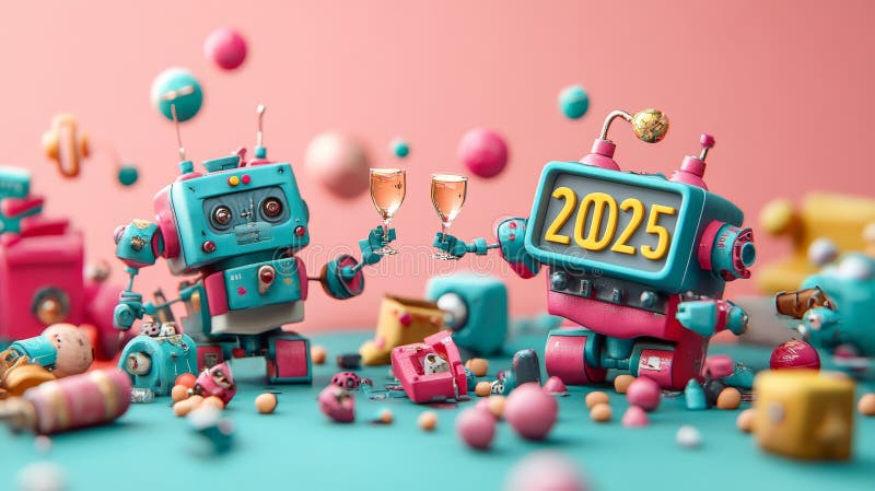 Two Cute Robots Celebrating New Year 2025 with Festive Party, Drinks ...