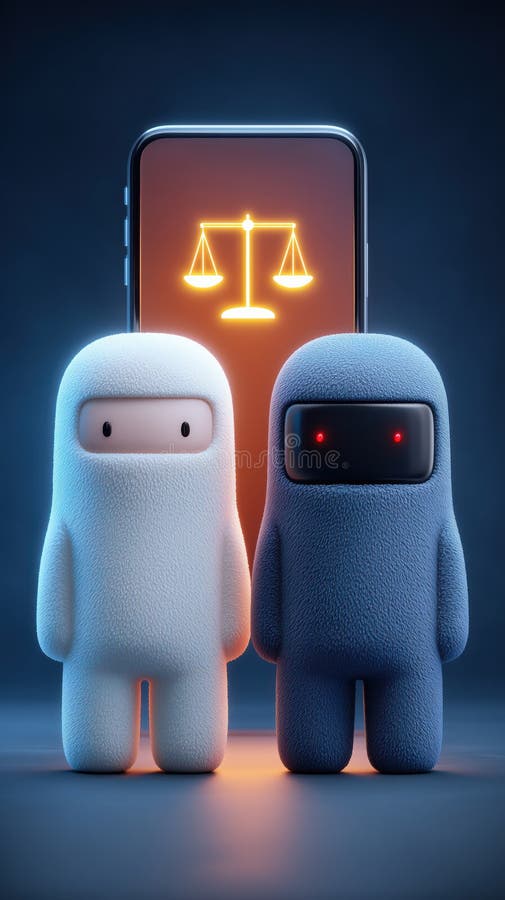 Two Cute Robots Stand in Front of Smartphone Displaying Glowing Justice ...