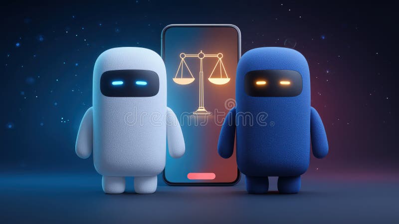 Two Cute Robots Stand beside Smartphone Displaying Glowing Justice ...