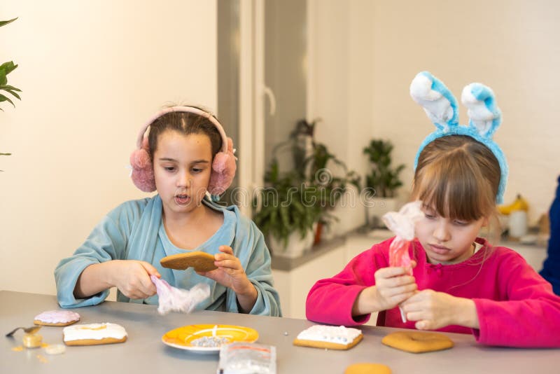 Two Cute Sisters Make and Decorate Cookies Stock Photo - Image of happy ...