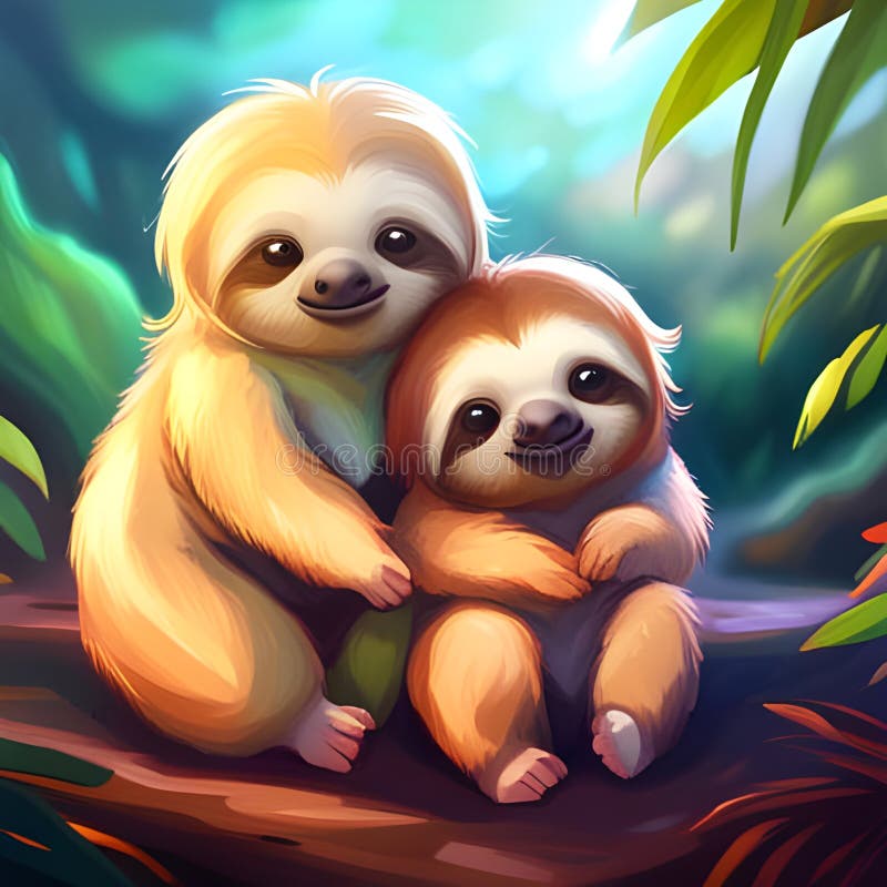 Two Cute Sloths Sit on a Log in the Jungle, Cartoon Characters Stock ...