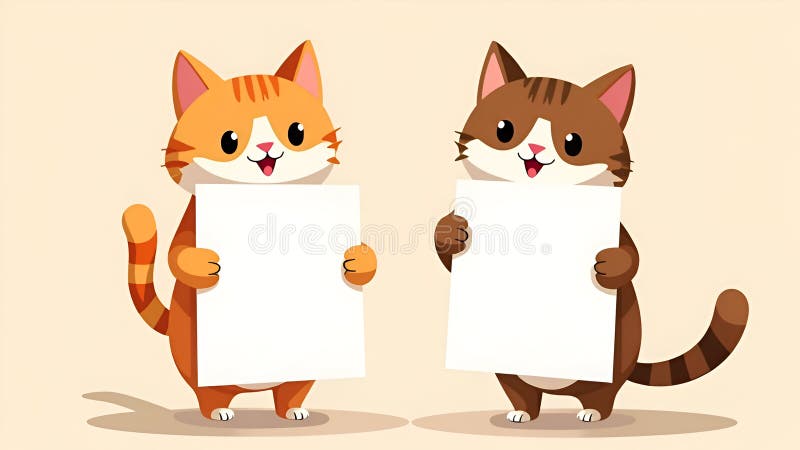 Two Cute Smiling Cats Holding an Empty Banner Stock Illustration ...
