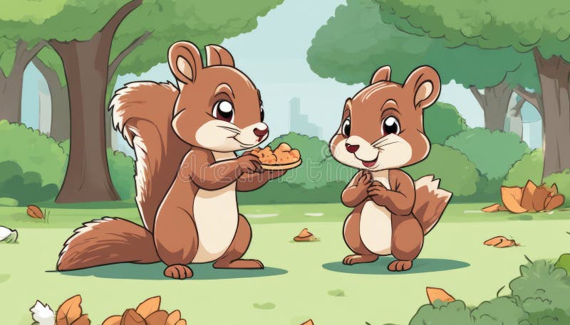 Two Cute Squirrels Eating Nuts Together Stock Illustration - Illustration of companions, sharing ...