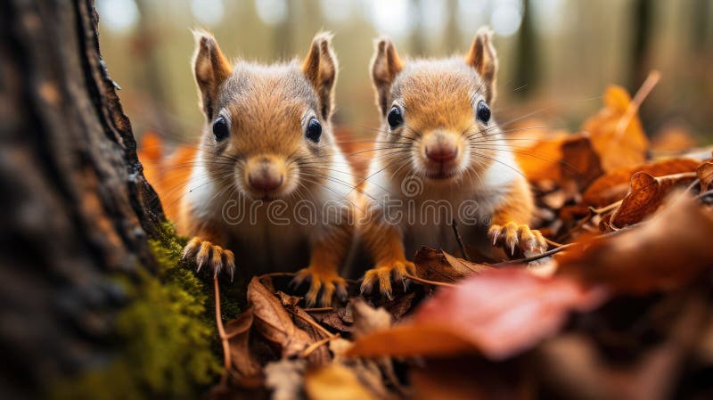 Two Cute Squirrels on the Ground, Autumn Fallen Leaves. Generative Ai Stock Illustration ...