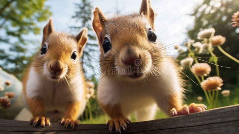 Two Cute Squirrels Looking at the Camera on the Ground. Generative Ai ...