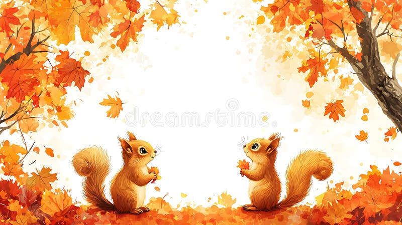Two Cute Squirrels Sharing in Autumn Forest Setting Stock Illustration - Illustration of white ...