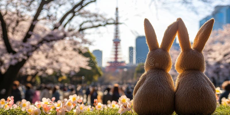 Two Cute Stuffed Rabbits on Grass, Celebrating Easter in a City Setting ...