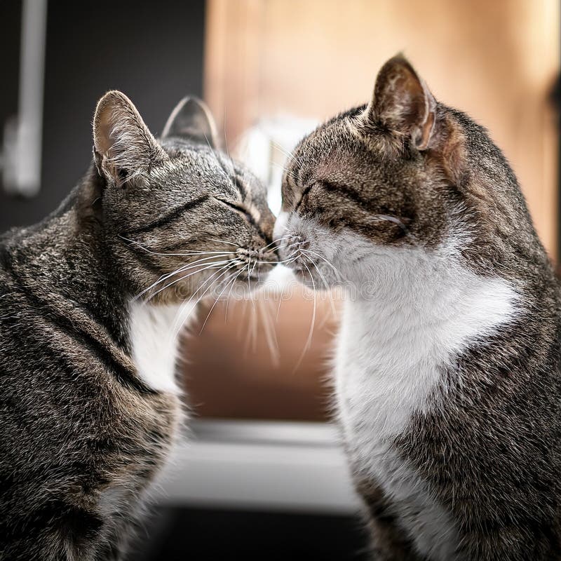 Two Cute Tabby Cats Rubbing Each Other S Nose, Side View AI Generated Stock Illustration ...