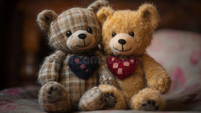 Two Cute Teddy Bears with Hearts Sitting Close Together Stock ...