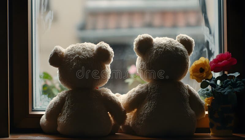 Two Cute Teddy Bears Near Window Indoors, Rear View Stock Image - Image ...