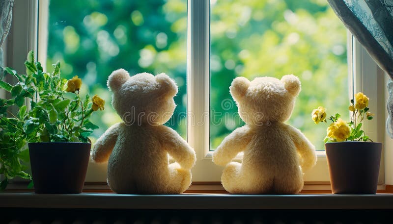 Two Cute Teddy Bears Near Window Indoors, Rear View Stock Photo - Image ...
